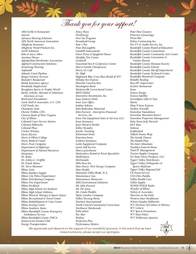 Sponsors | Elkins, WV | Mountain State Forest Festival
